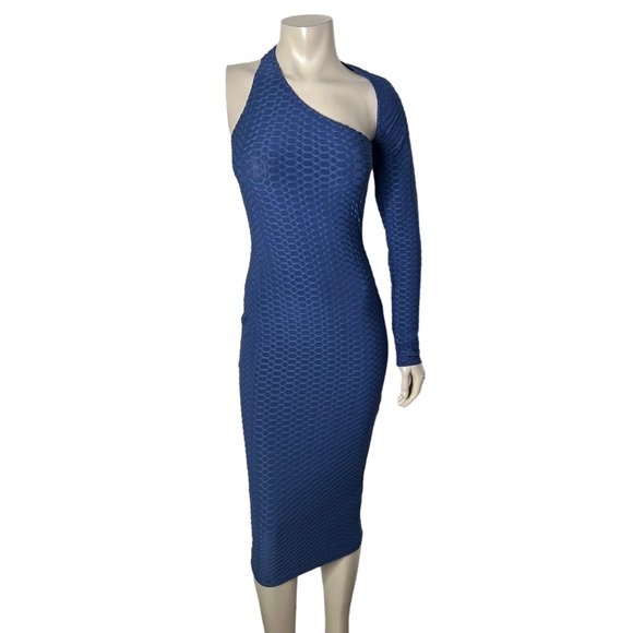A3 Design | Dresses | Navy Honeycomb One Shoulder Long Sleeve Midi ...